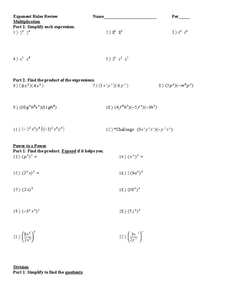 Exponent Worksheet Review | PDF | Numbers | Elementary Mathematics