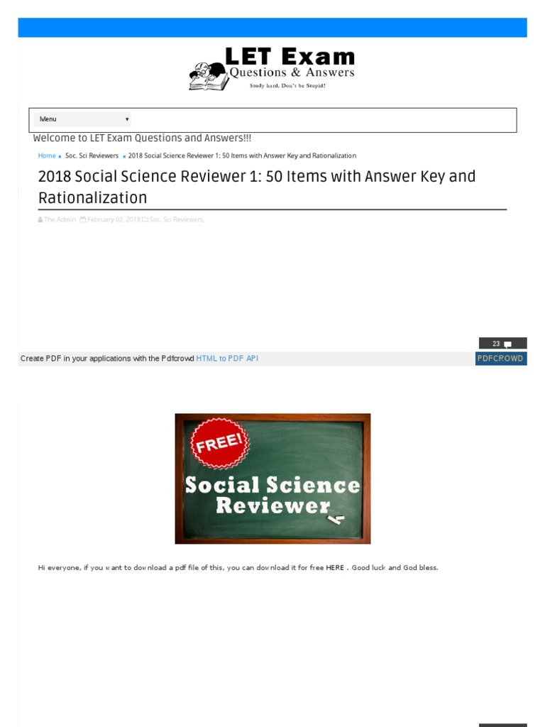 2018 Social Science Reviewer 1: 50 Items With Answer Key and ...