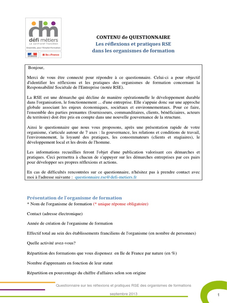 Questionnaire RSE pour Organismes de Formation | PDF | Responsabilité ...