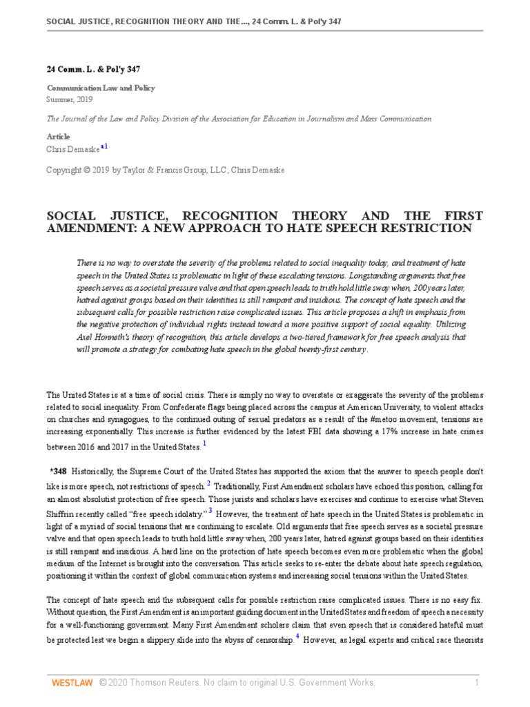 Social Justice Recognition Theory and The First Amendment A New ...
