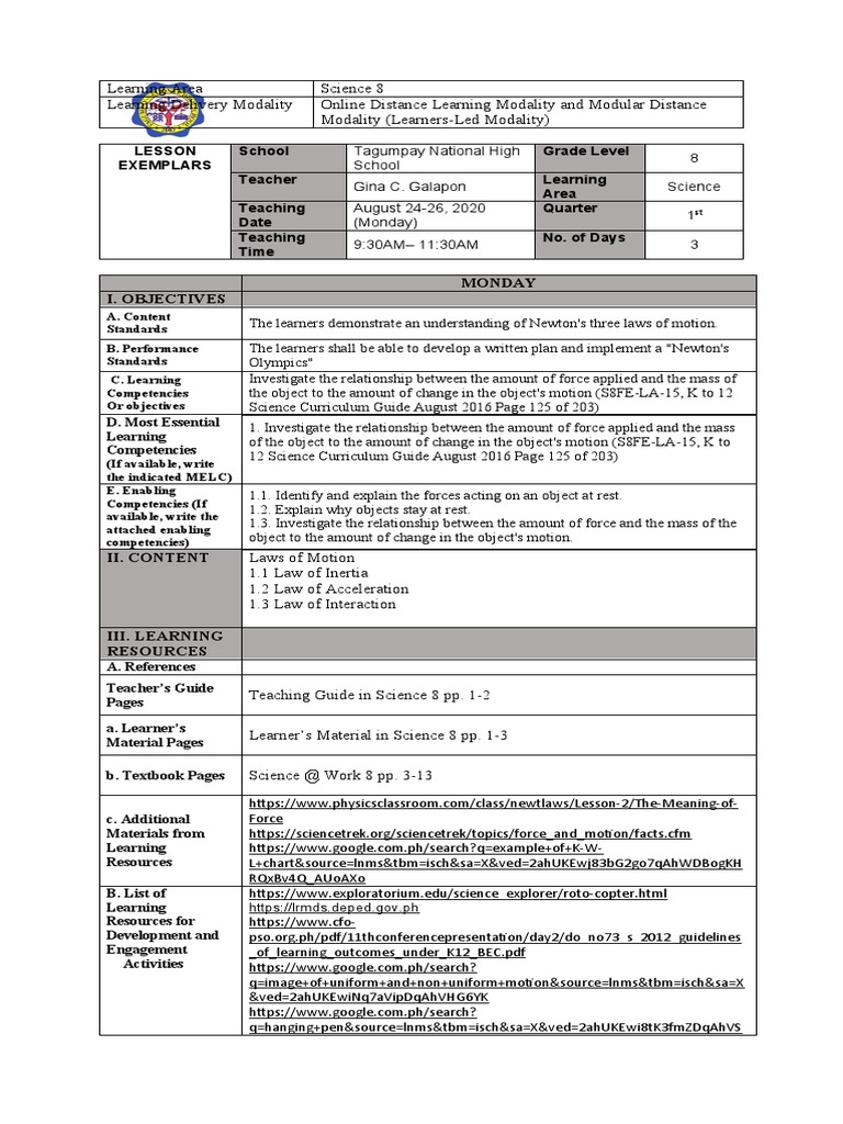 Sample Lesson Exemplar For Science Subject | Download Free PDF | Weight ...