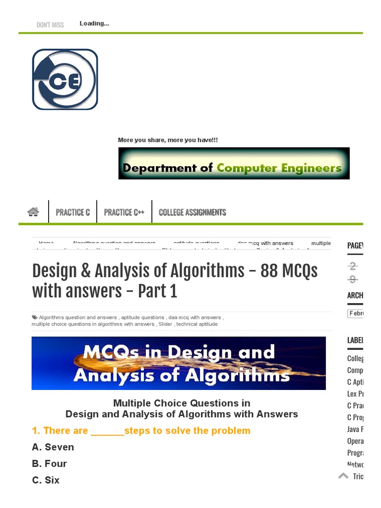 Design & Analysis of Algorithms - 88 MCQs With Answers - Part 1 - Department of Computer ...