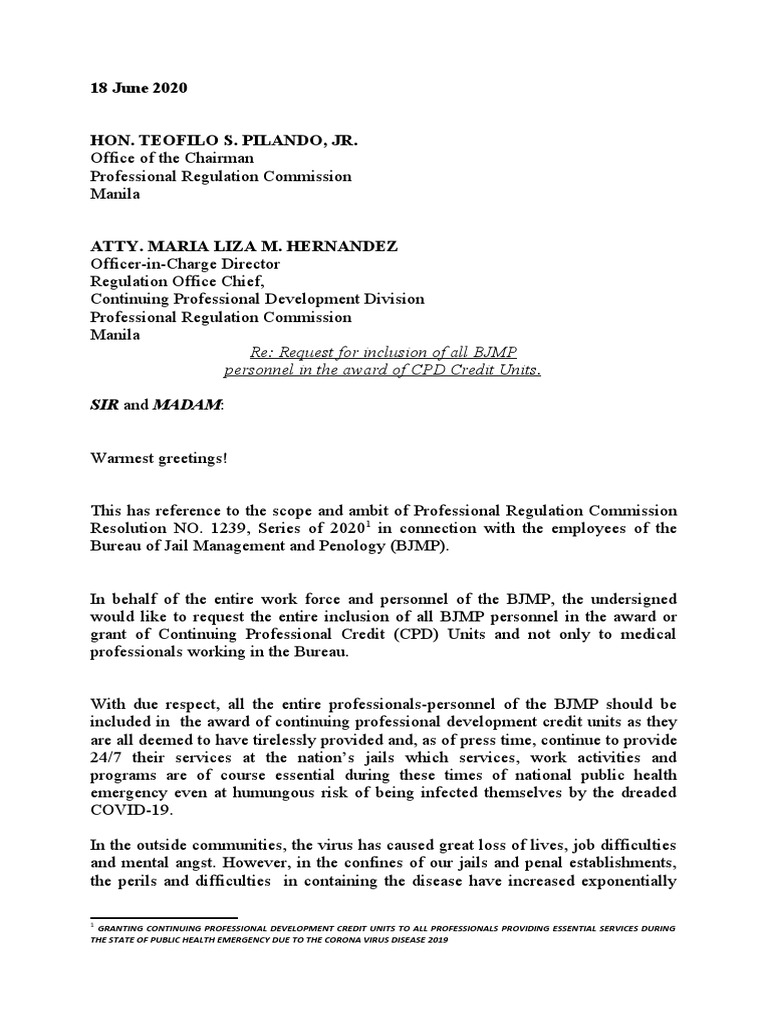 18 June 2020 Letter To PRC Re CPD Units For BJMP Personnel | PDF ...