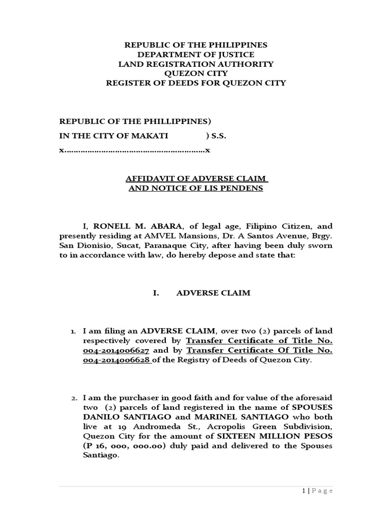 Affidavit of Adverse Claim | PDF | Deed | Affidavit