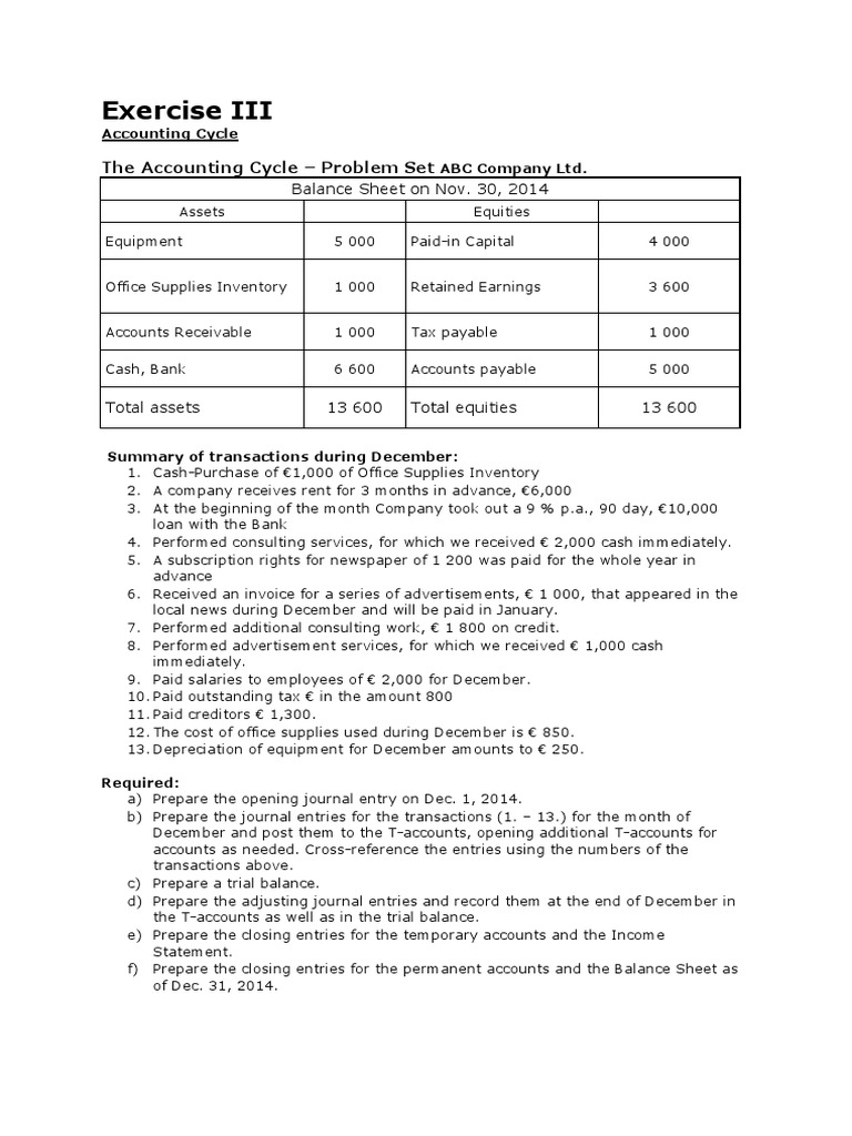 Exercise III: The Accounting Cycle - Problem Set | PDF