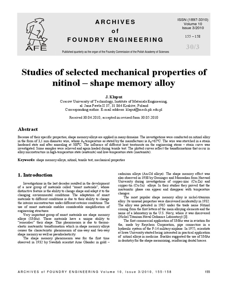 Studies of Selected Mechanical Properties of Nitinol - Shape Memory ...