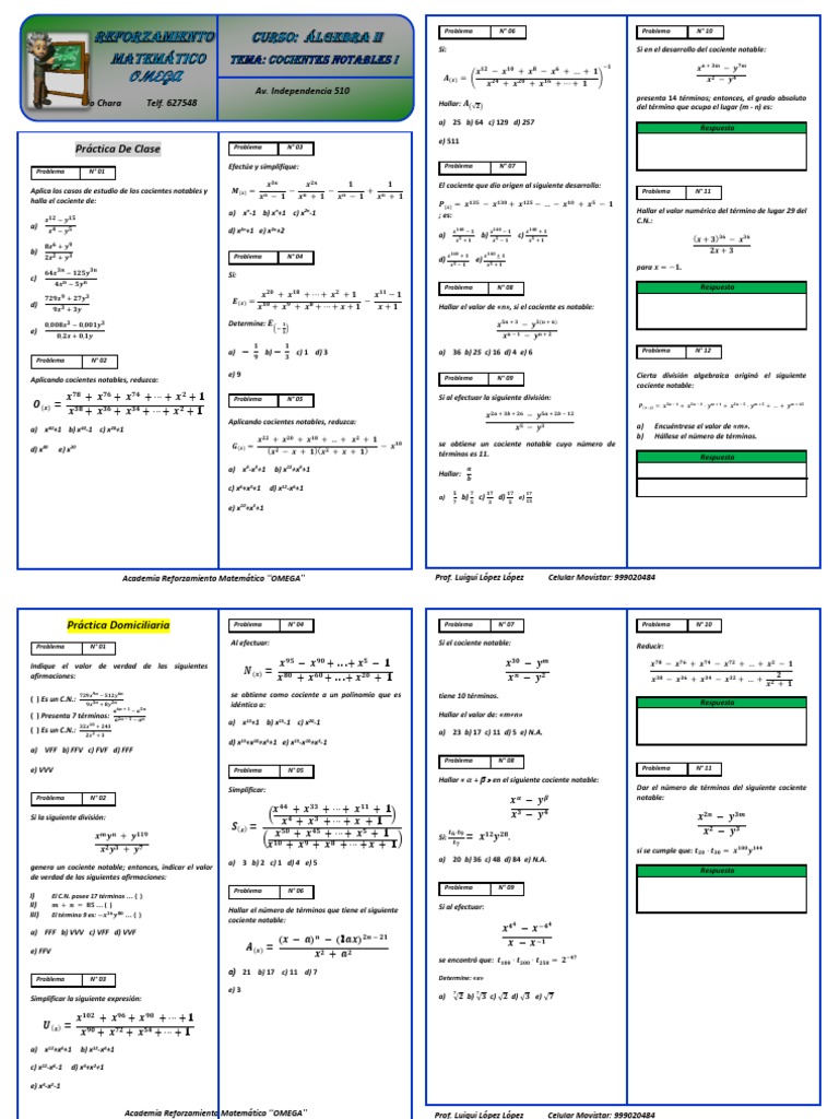 Álgebra II - Práctica de Clase #11 - Cocientes Notables I - R. M. OMEGA ... Álgebra II - Práctica de Clase #11 - Cocientes Notables I - R. M. OMEGA ...