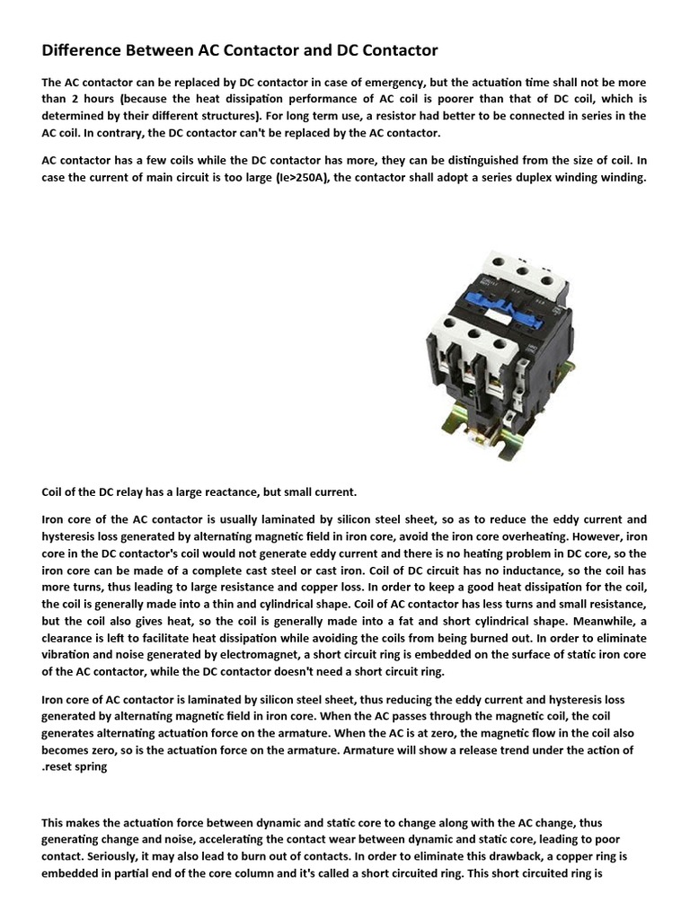 AC vs. DC Contactor Differences | PDF | Inductor | Plasma (Physics)