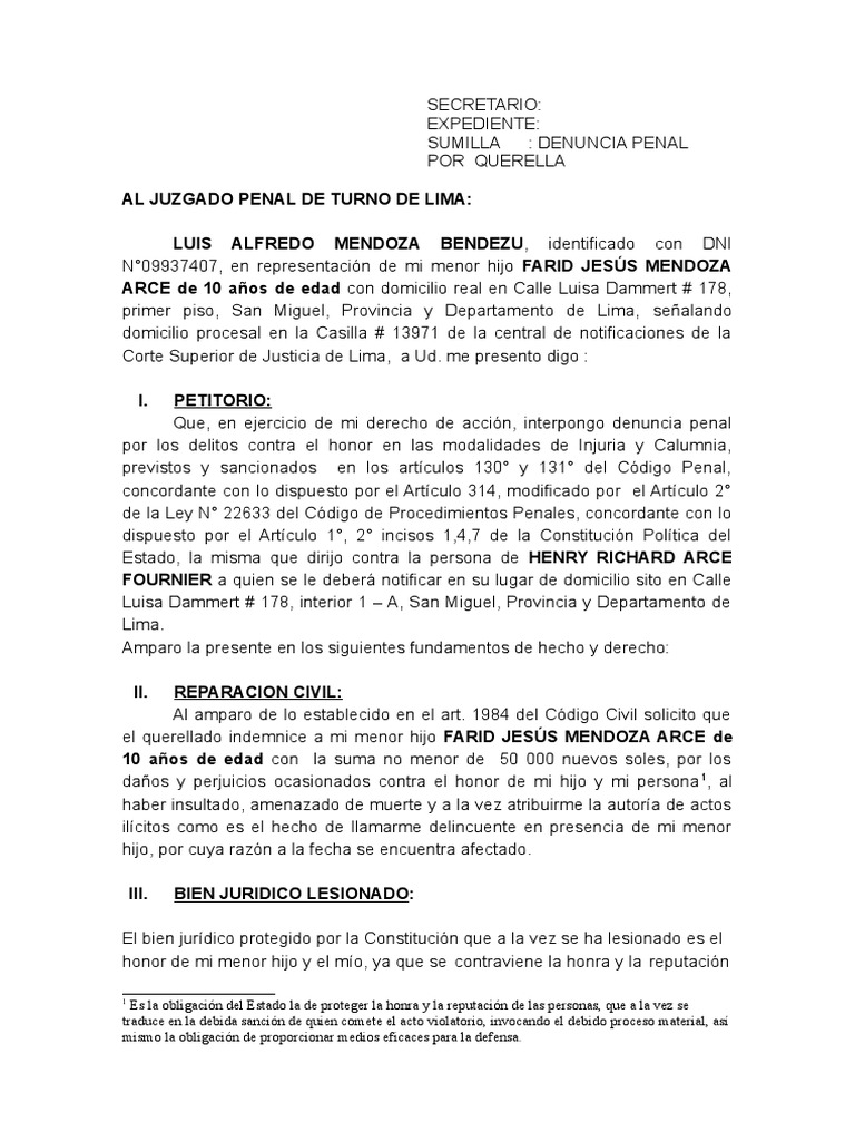 Modelo de Querella Por Difamación | PDF | Queja | Derecho penal