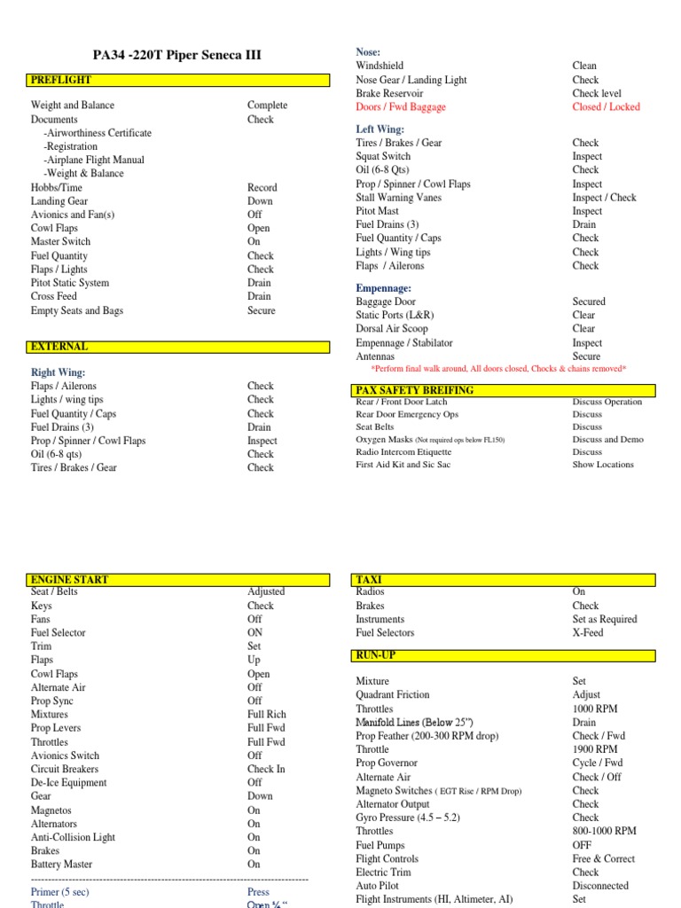 Seneca III Checklist | PDF | Throttle | Flap (Aeronautics)