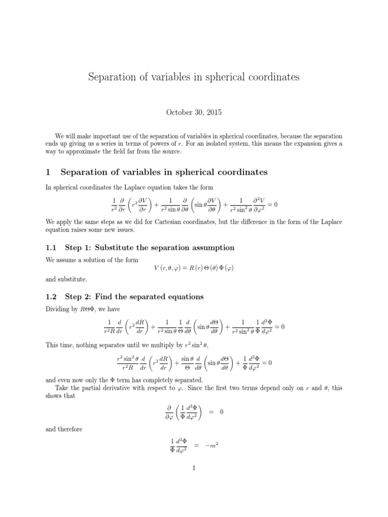 1 Separation of Variables in Spherical Coordinates | PDF | Equations ...
