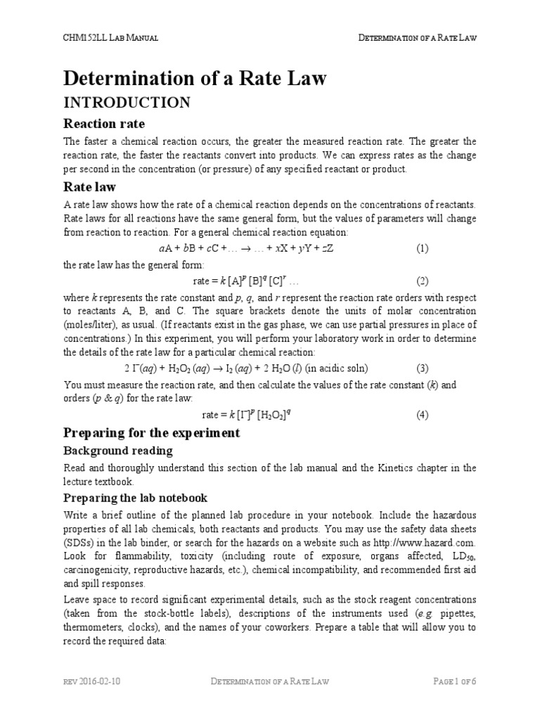 Determination of A Rate Law Part 1 - 2 PDF | PDF | Reaction Rate ...