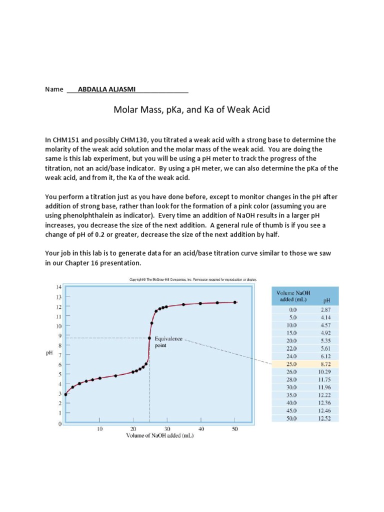 Molar Mass, pKa, and Ka of Weak Acid | PDF | Titration | Chemistry