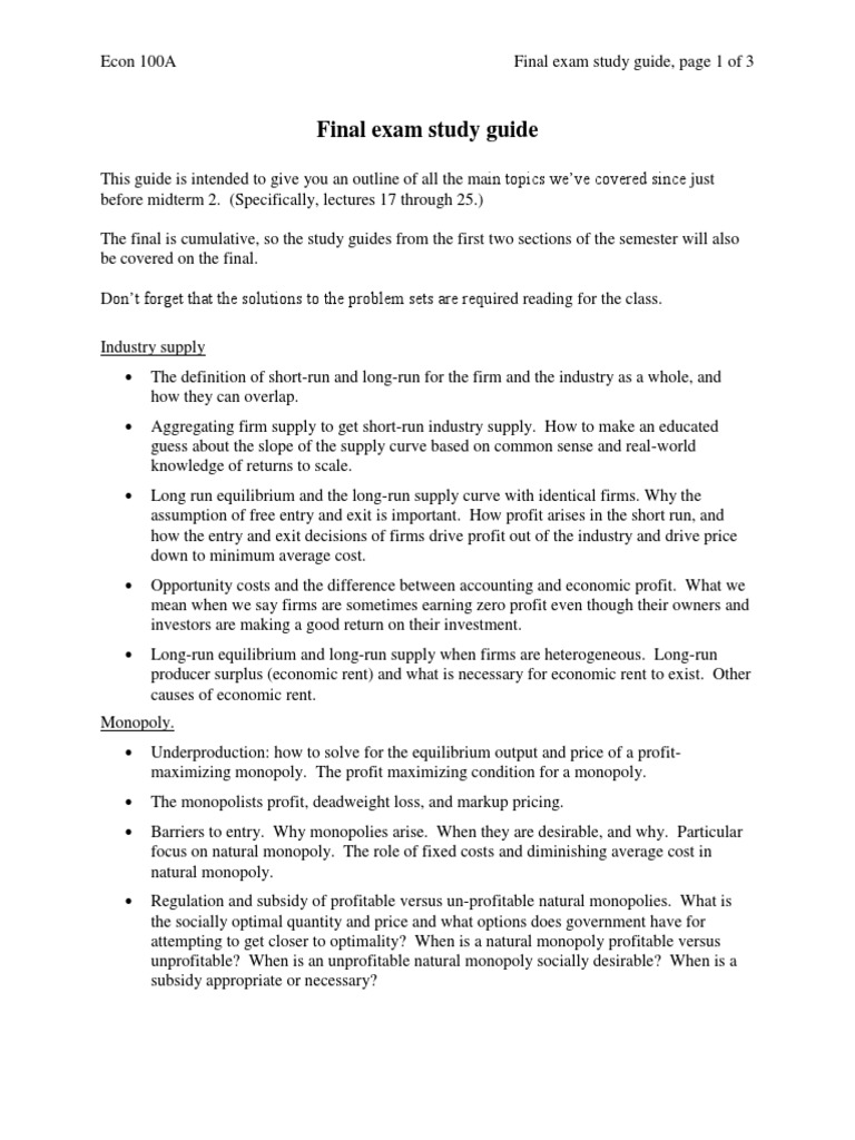 Econ 100A Final Exam Study Guide | PDF | Profit (Economics) | Long Run ...