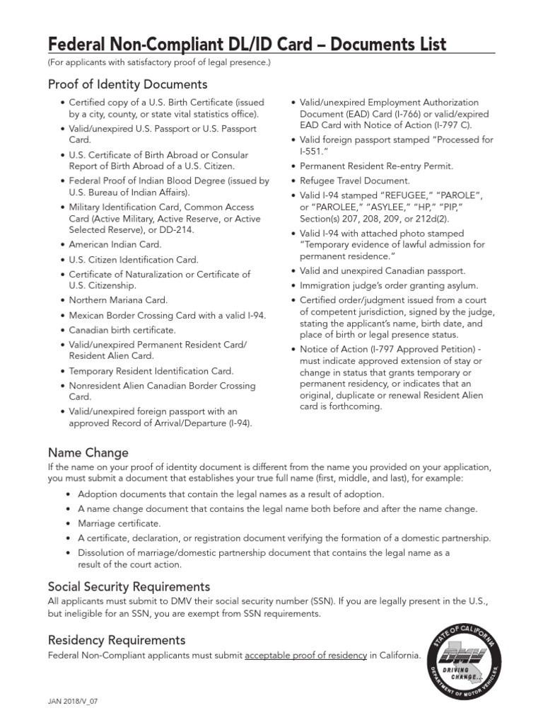 Federal Non-Compliant DL/ID Card - Documents List: Proof of Identity ...