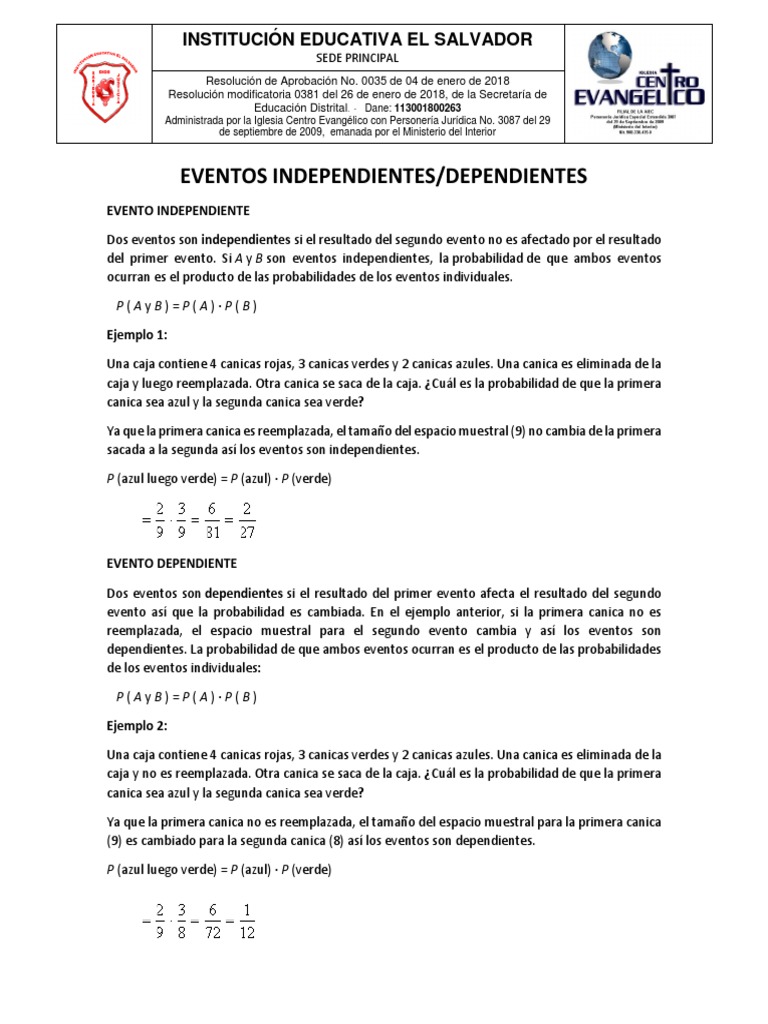 EVENTOS INDEPENDIENTES y DEPENDIENTES | PDF | Probabilidad | Enseñanza ...