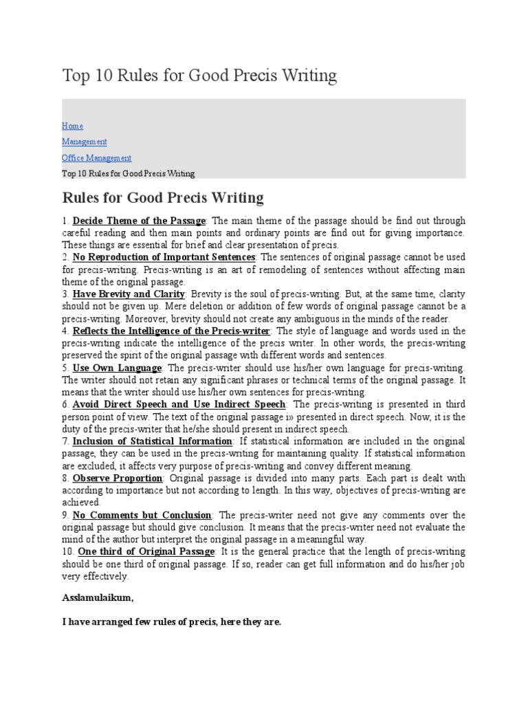 Top 10 Rules For Good Precis Writing | PDF | Writers | Word
