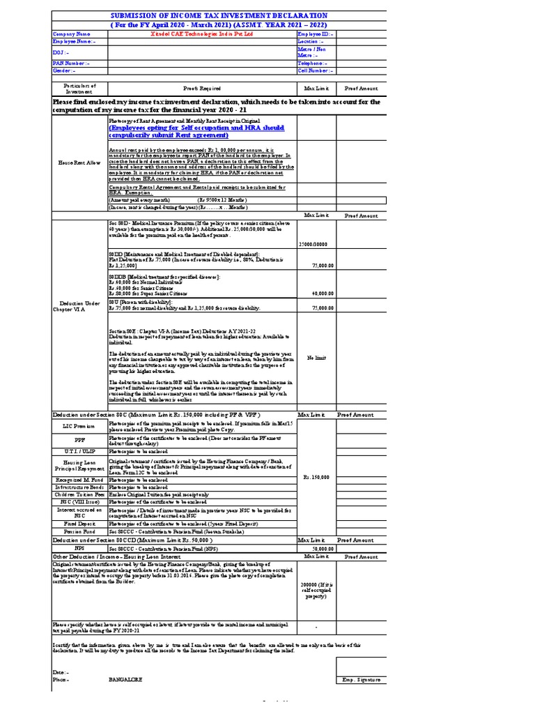 IT Declaration Form 2020-21 | PDF | Loans | Tax Deduction