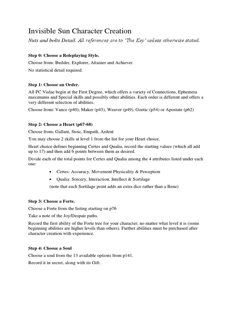 Invisible Sun Character Creation Guide | PDF | Role Playing Games | Leisure