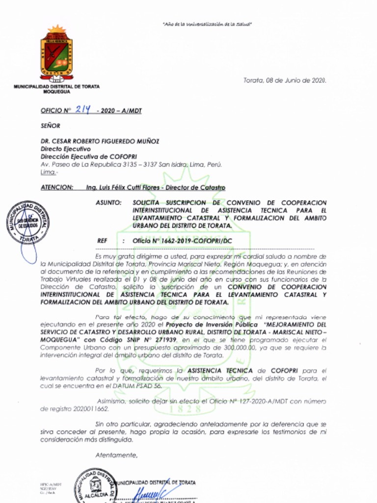 Oficio Solicitud de Convenio Cofopri | PDF