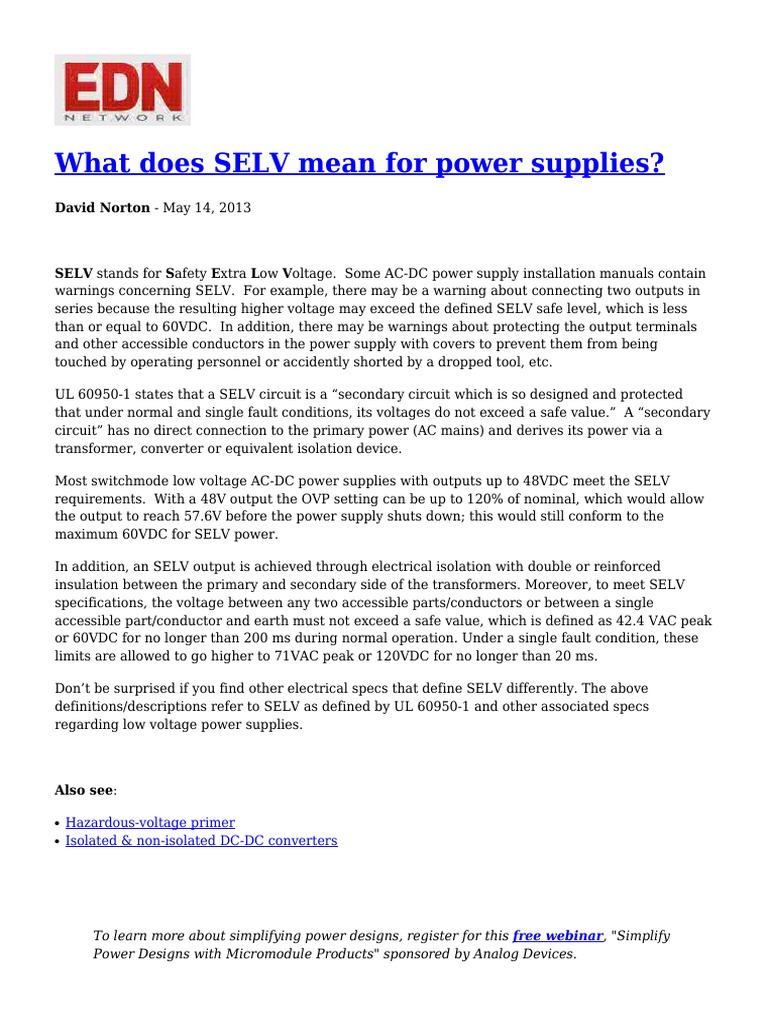 What Does SELV Mean For Power Supplies?: David Norton - May 14, 2013 ...