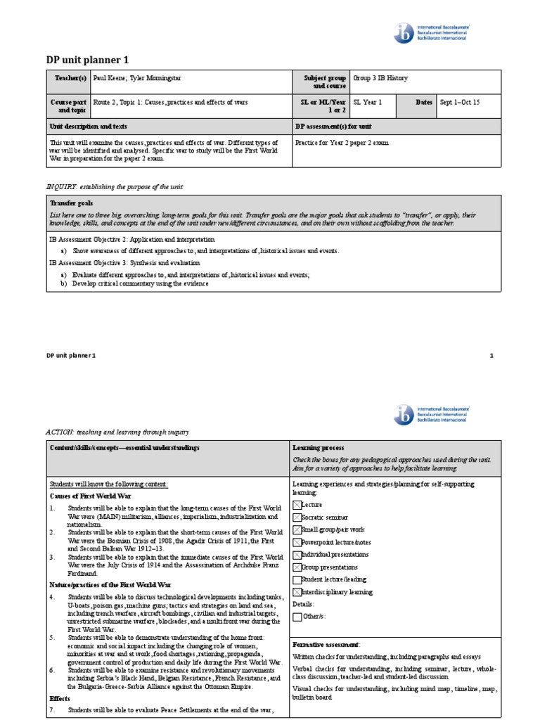 WWI Causes and Effects Unit Plan | PDF | World War I | Test (Assessment)