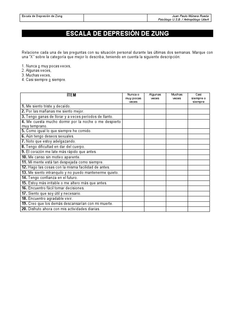 SDS Escala Autoaplicada para La Evaluación de La Depresión de Zung | PDF