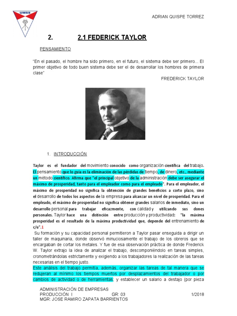 Aportaciones de Frederick Taylor a la Administración | PDF | Economias ...