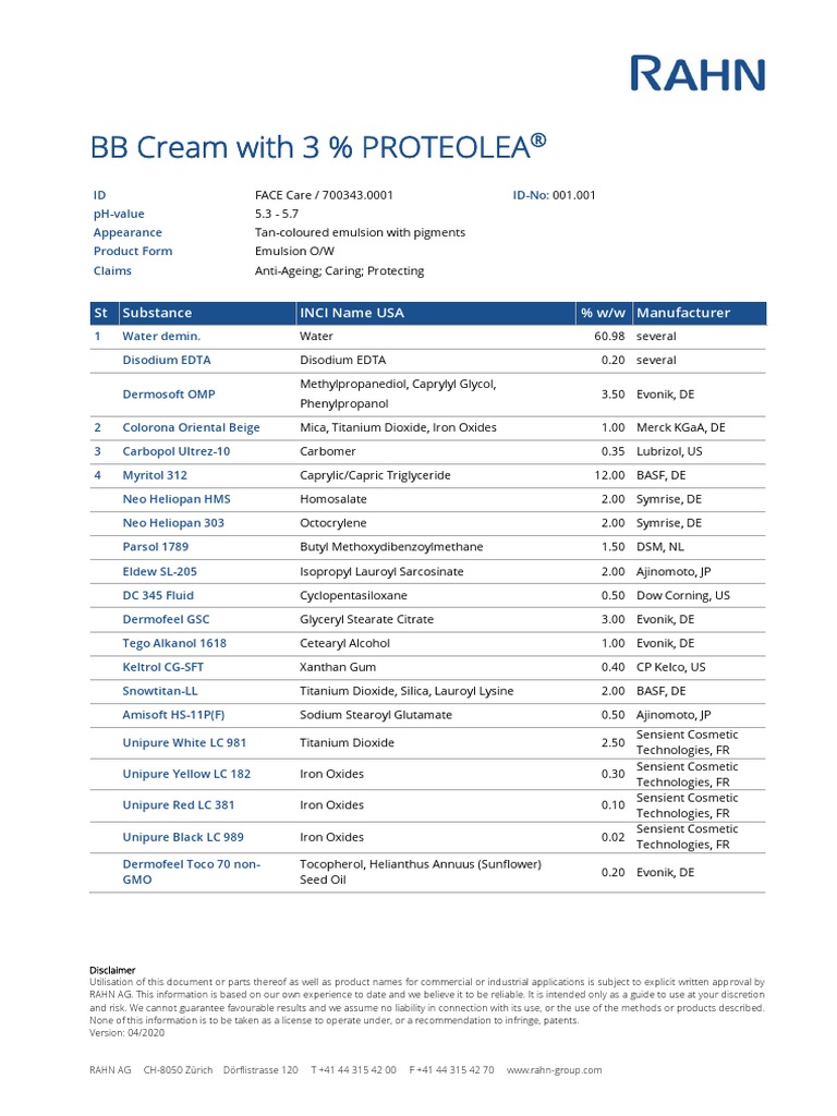 BB Cream With 3 % PROTEOLEA: ST Substance Inci Name Usa % W/W ...
