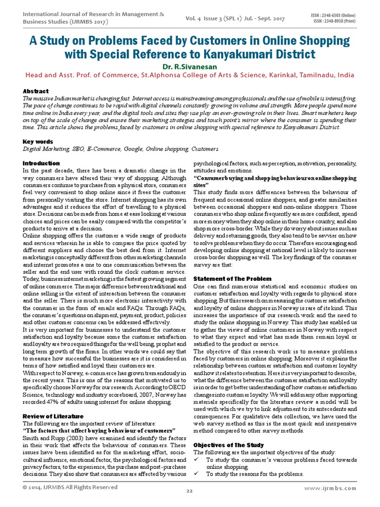 A Study On Problems Faced by Customers in Online Shopping With Special ...