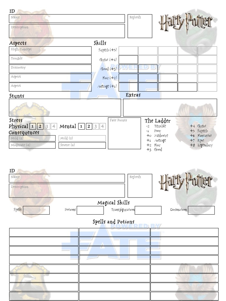 Harry Potter Fate Core Character Sheet | PDF