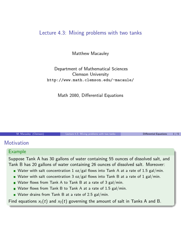 Differential Equations: Two-Tank Mixing | PDF | Ordinary Differential ...