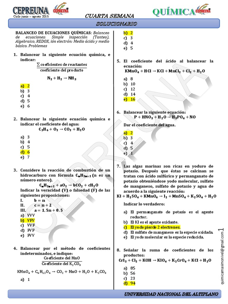 Balanceo de Ecuaciones Químicas y Problemas Estequiométricos | PDF ...