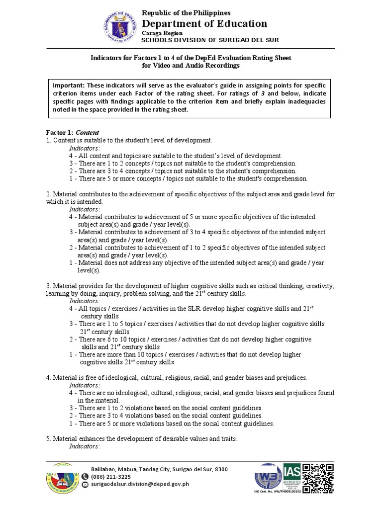 DepEd Evaluation Indicators for Media | PDF | Psychological Concepts ...