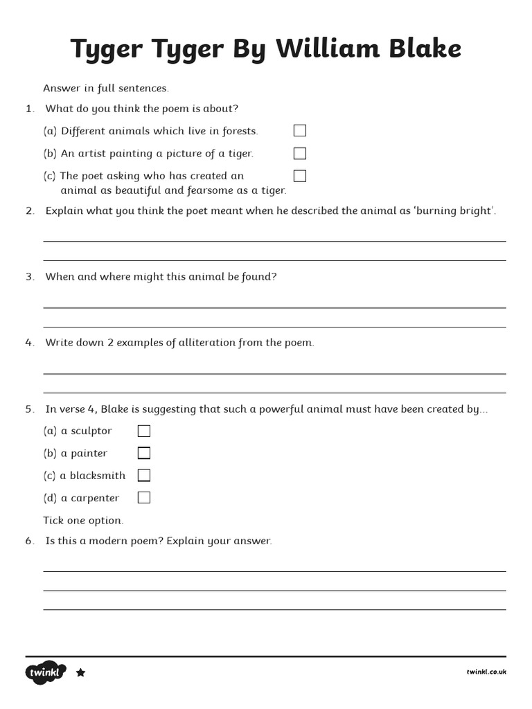 Reading Comprehension Activity Tyger Tyger | PDF | William Blake | Poetry