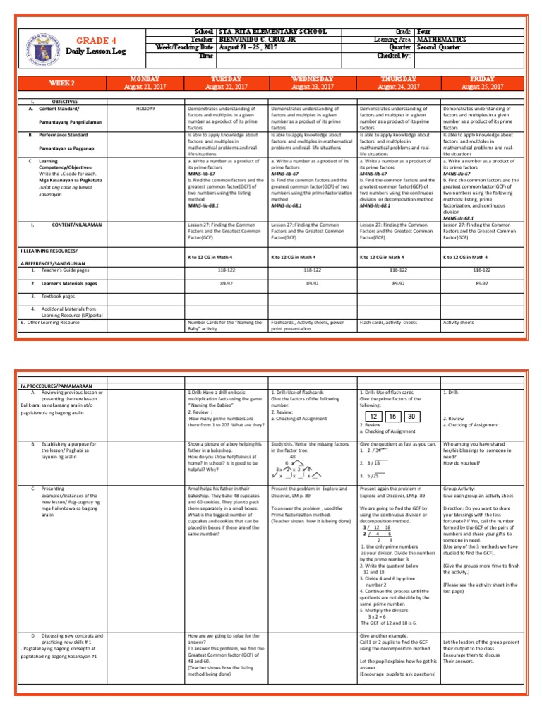 Grade 4 DLL Quarter 2 Week 2 (Sir Bien Cruz) | PDF | Teaching | Numbers
