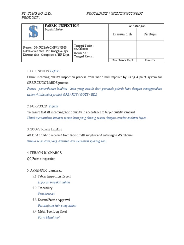 SOP Fabric Inspection | PDF