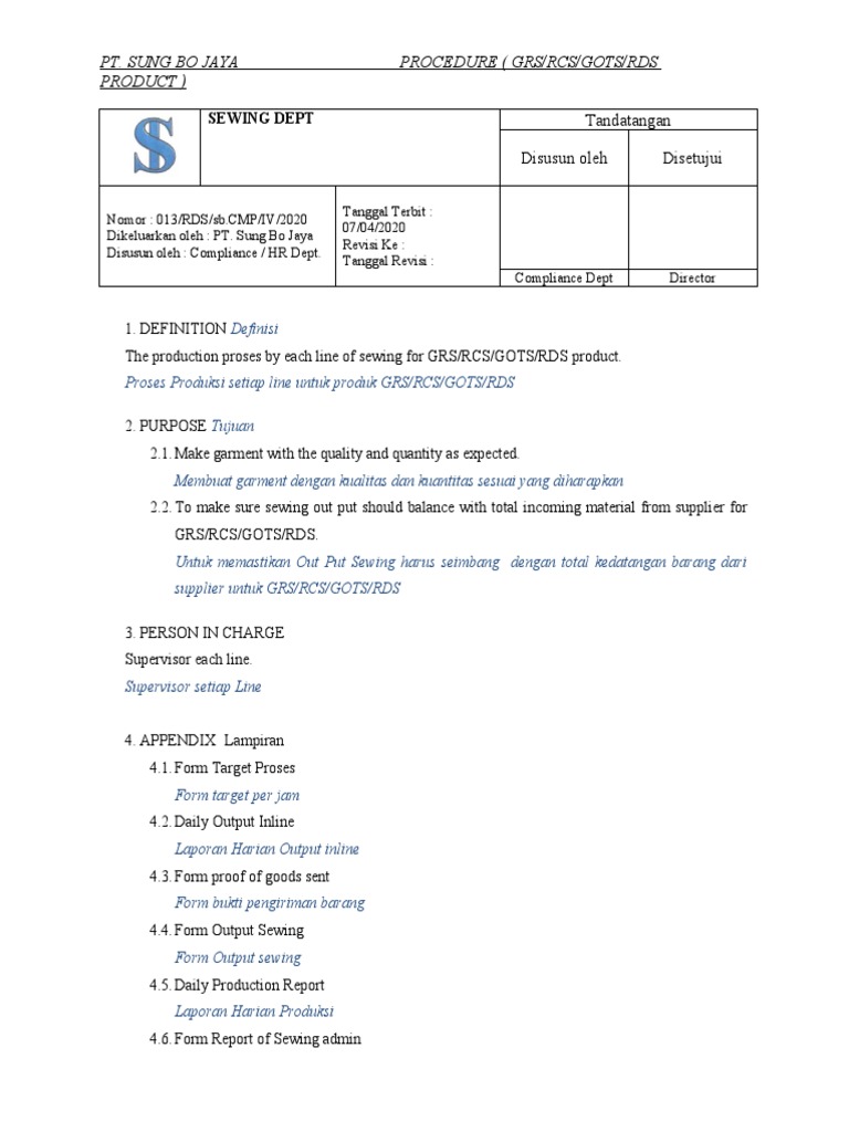 SOP Sewing Dept | PDF