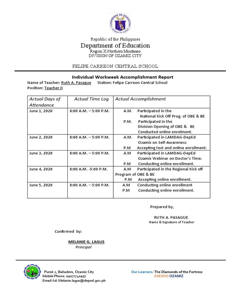 Teacher Workweek Report - Ruth Pasague | PDF