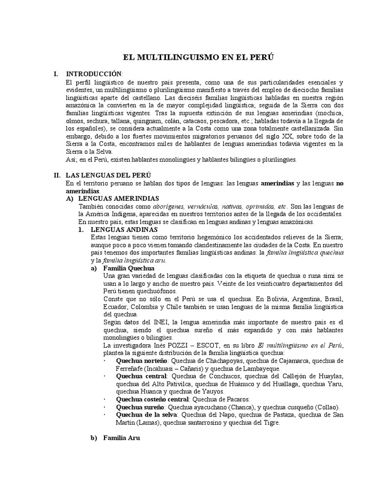 El Multilinguismo en El Perú | PDF | Dialecto | Pueblos Indígenas de las Américas