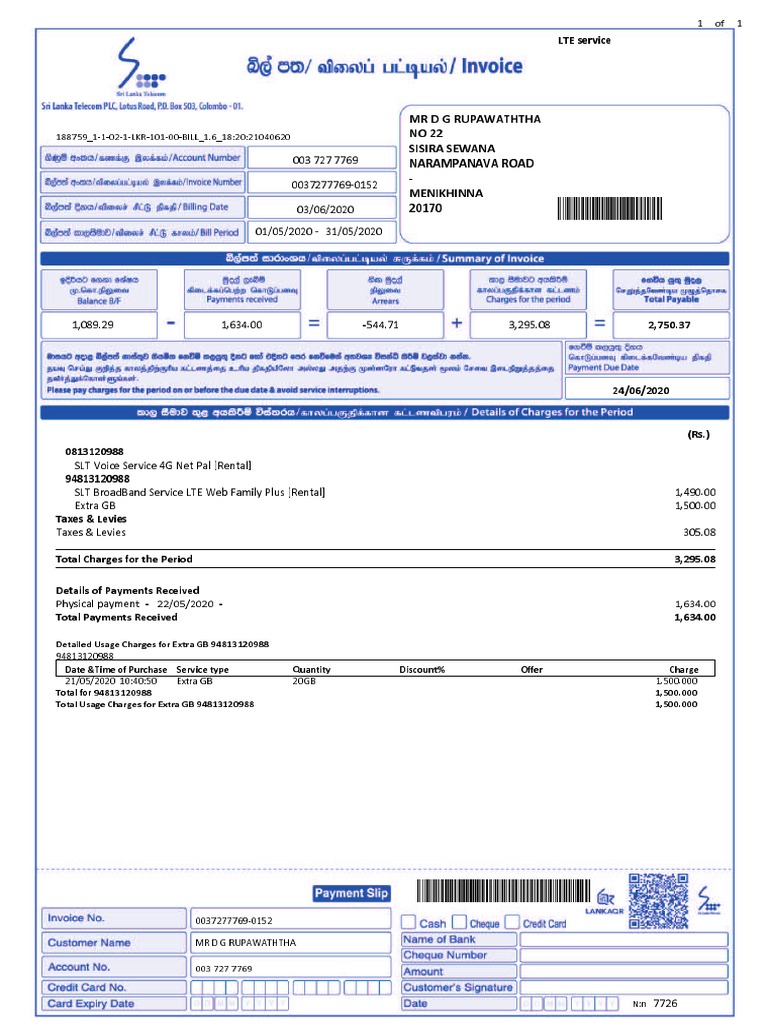 SLT-Mobitel Bill Summary and Charges | PDF | Government Finances | Taxes