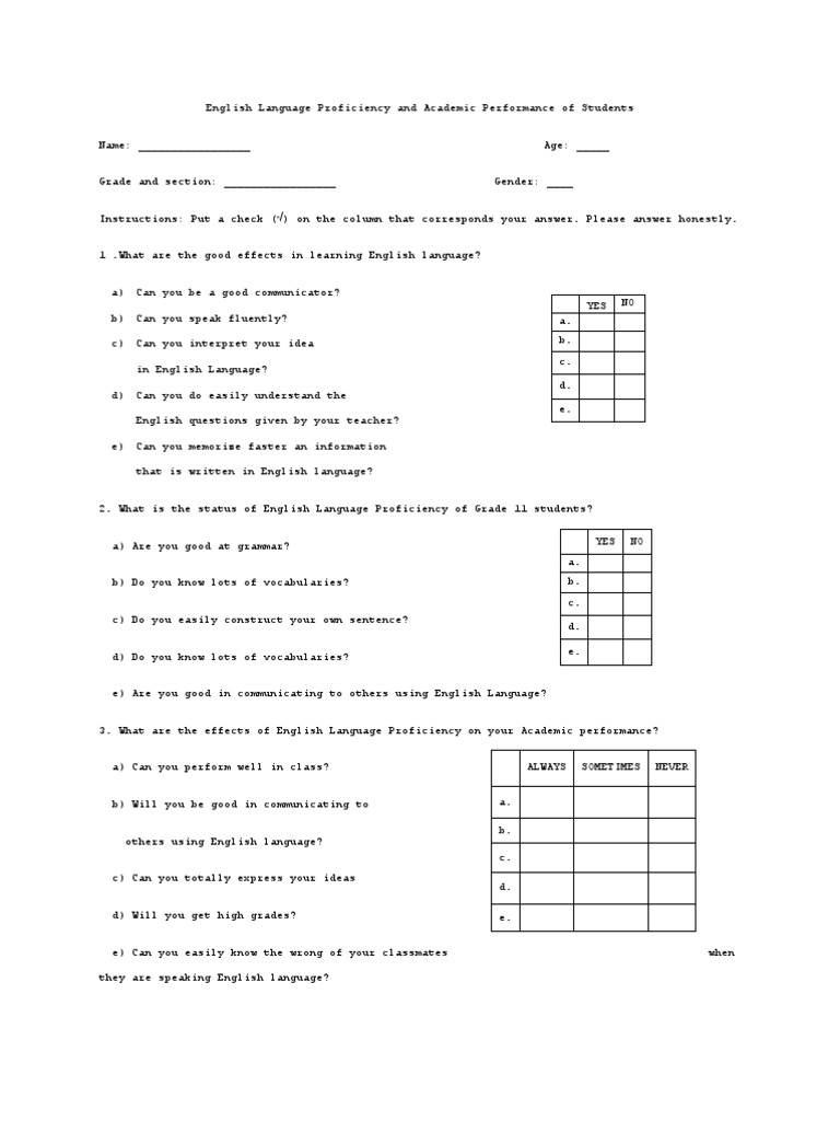 English Language Proficiency and Academic Performance Survey | PDF ...