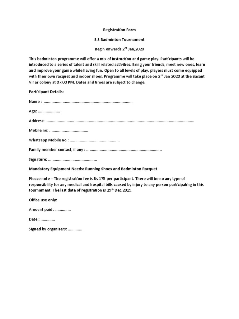 Registration Form Foe SS Badminton | PDF