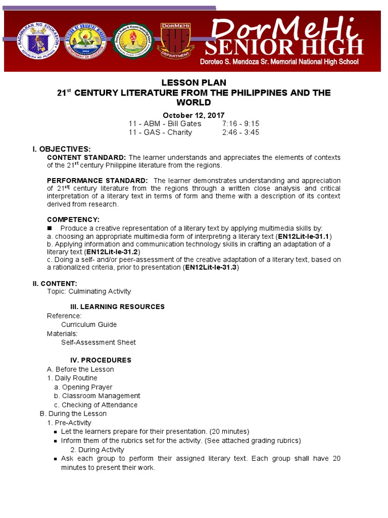Senior High Literature Lesson Plan | PDF | Rubric (Academic) | Lesson Plan
