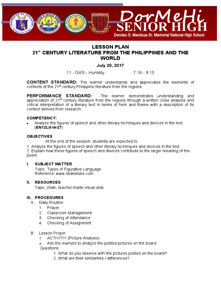 Senior High: Lesson Plan 21 Century Literature From The Philippines and ...