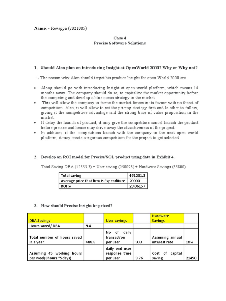 Precise Software Solutions Case ROI and Pricing Analysis | PDF | Sales ...