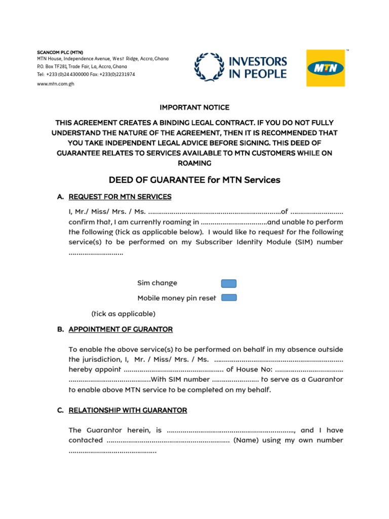 Deed of Guarantee For MTN Services | PDF | Indemnity | Guarantee
