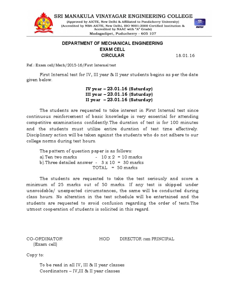 First Internal Circular For student-JANUARY | PDF