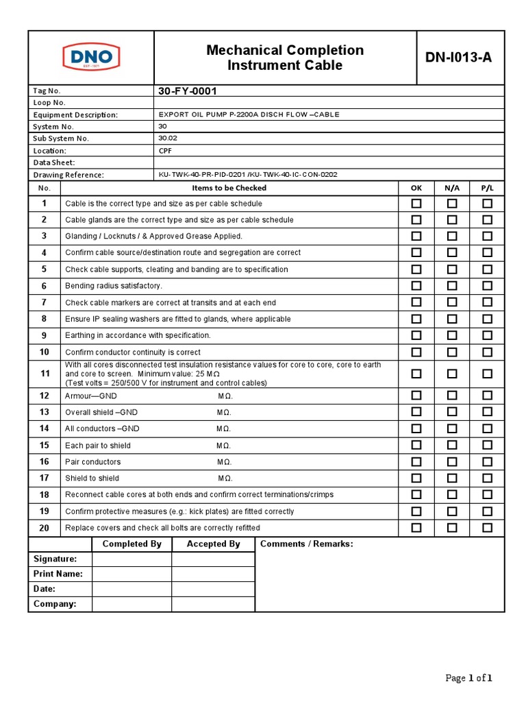 Mechanical Completion Instrument Cable DN-I013-A | PDF | Electrical ...
