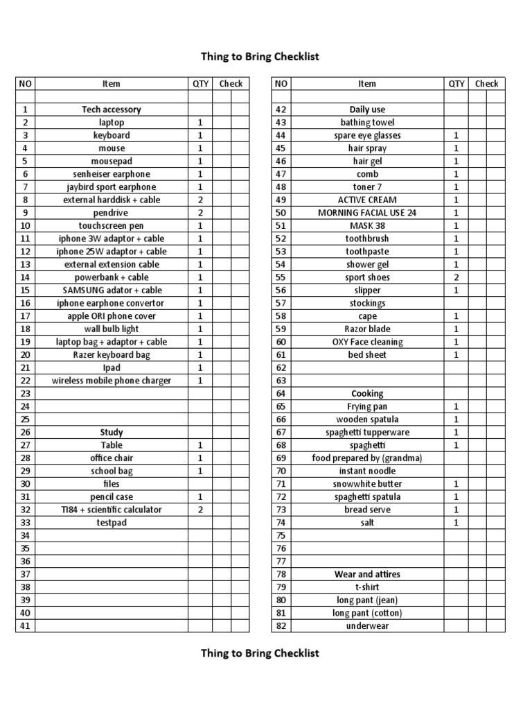 Thing To Bring Checklist | Consumer Goods | Computing And Information ...